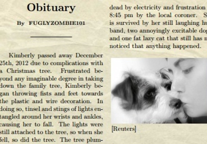 create a funny, fake obituary for any person or pet - fiverr